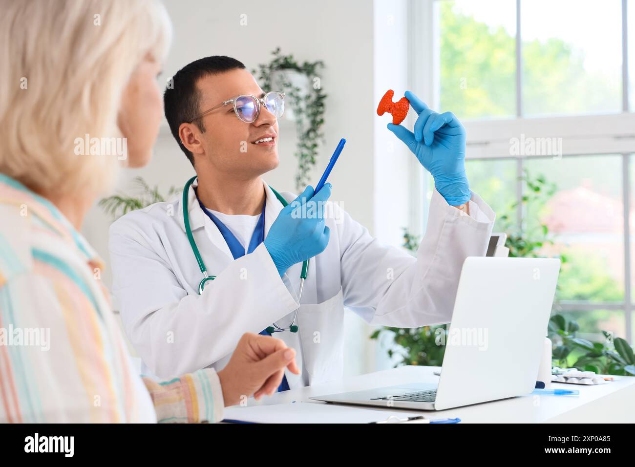 Male endocrinologist showing thyroid gland model to female patient at ...