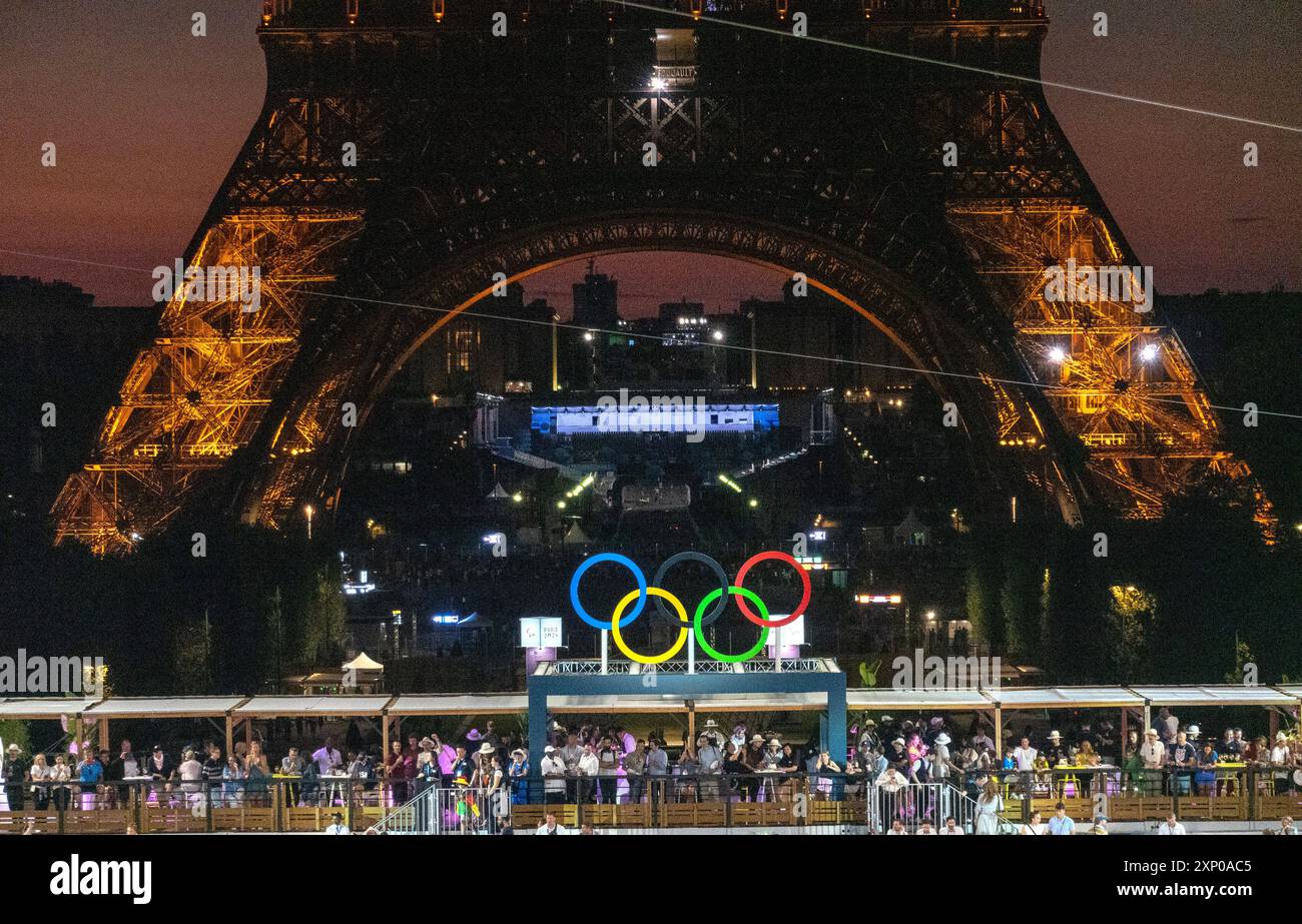 Paris, France. 02nd Aug, 2024. The Olympic Rings are lit on the Beach ...