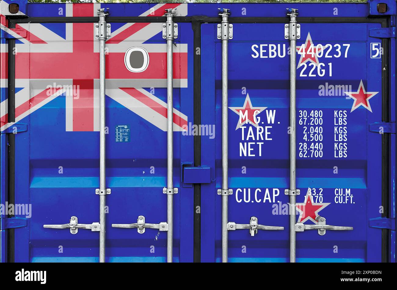 New Zealand flag depicted on metal doors of shipping cargo container ...