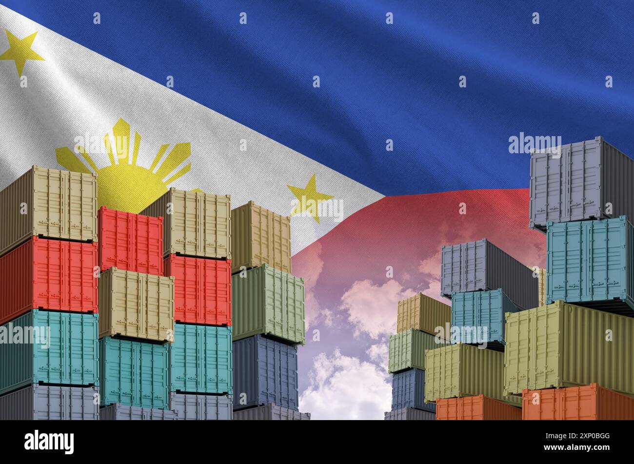 Philippines flag and big stack of shipping cargo containers in docks ...