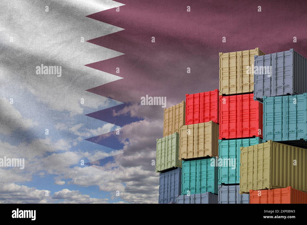 Qatar flag and big stack of shipping cargo containers in docks with sky ...
