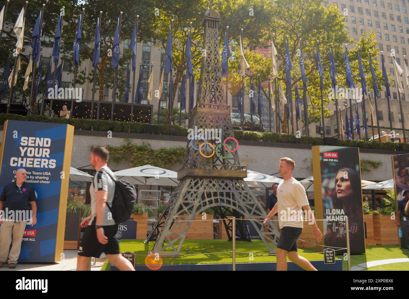 New York, USA. 1st Aug, 2024. A miniature model of the Eiffel Tower is ...