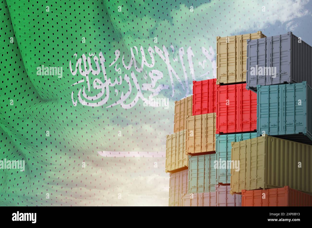 Saudi Arabia flag and big stack of shipping cargo containers in docks ...
