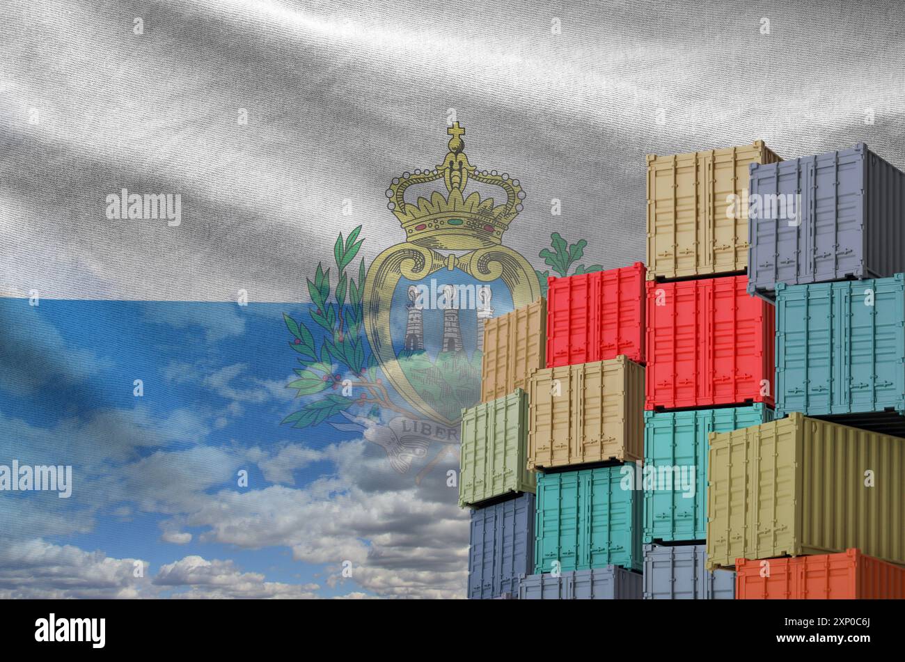 San Marino flag and big stack of shipping cargo containers in docks ...