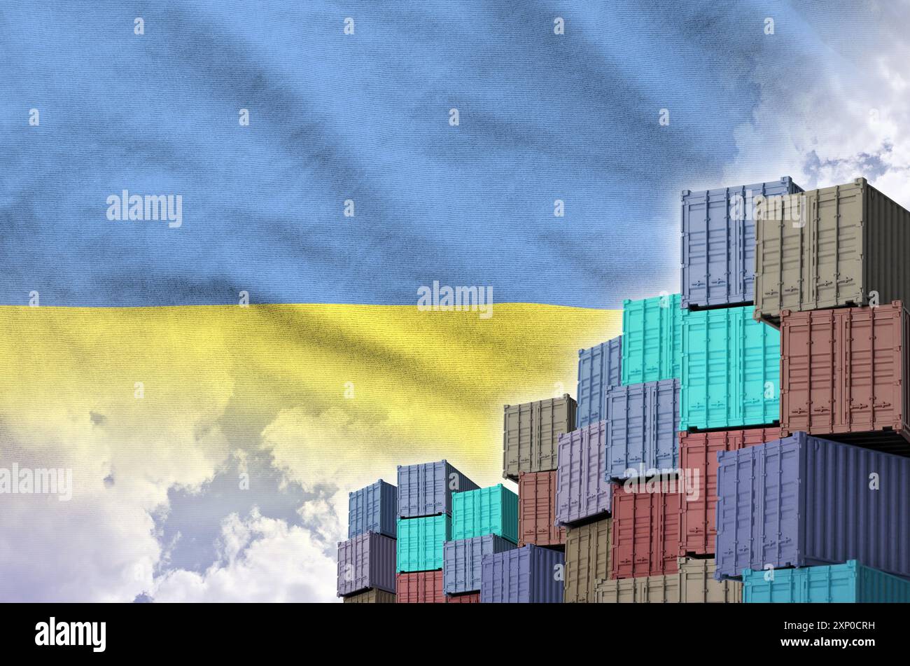 Ukraine flag and big stack of shipping cargo containers in docks with ...