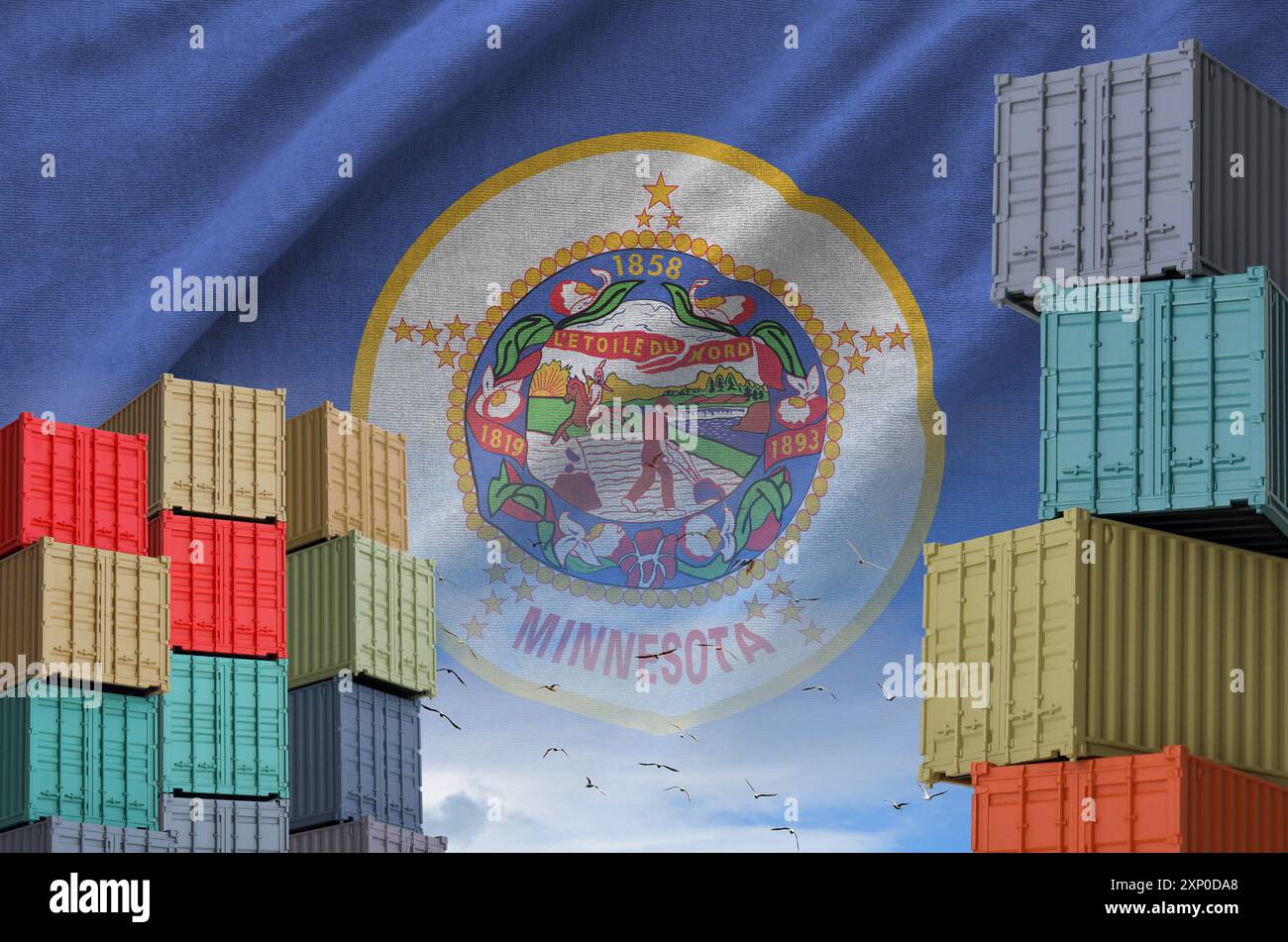 Minnesota US state flag and big stack of shipping cargo containers in ...