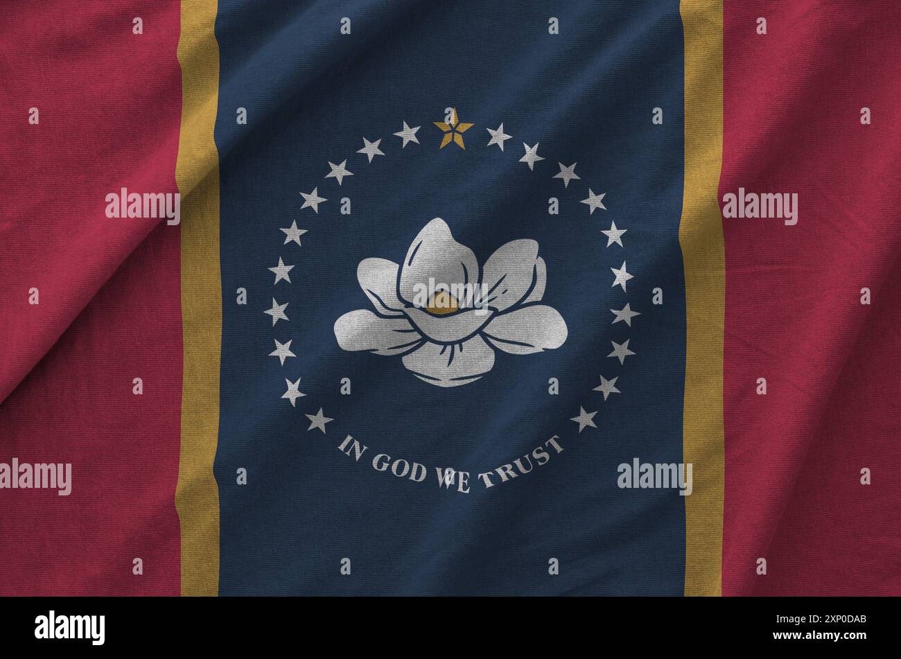 Mississippi new US state flag depicted on folded wavy fabric of old ...