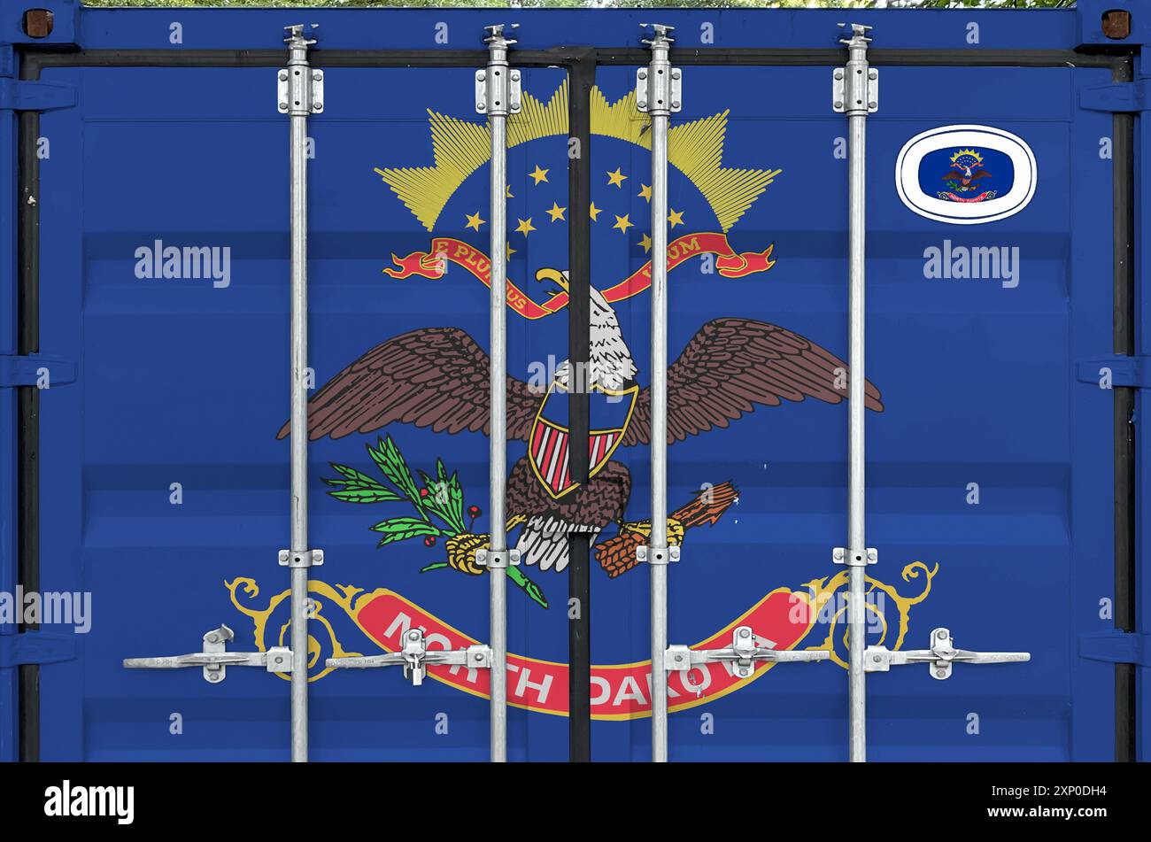 North Dakota US state flag depicted on metal doors of shipping cargo ...