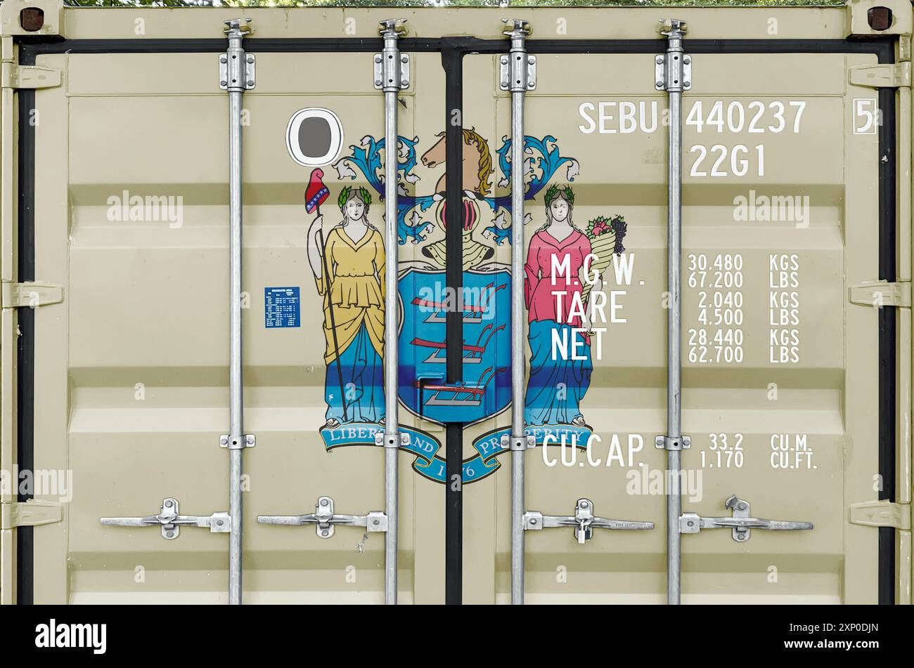 New Jersey US state flag depicted on metal doors of shipping cargo ...