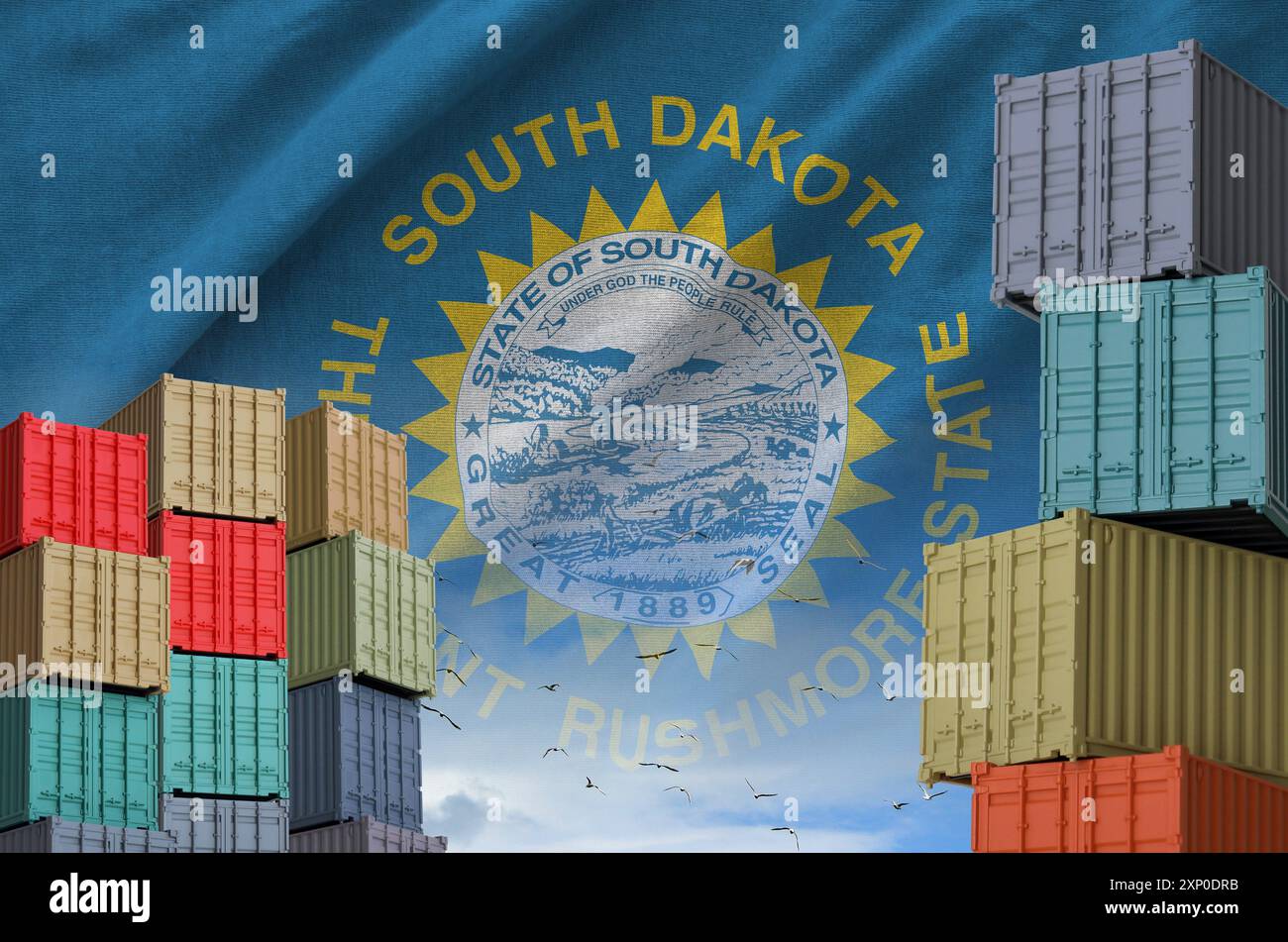 South Dakota US state flag and big stack of shipping cargo containers ...