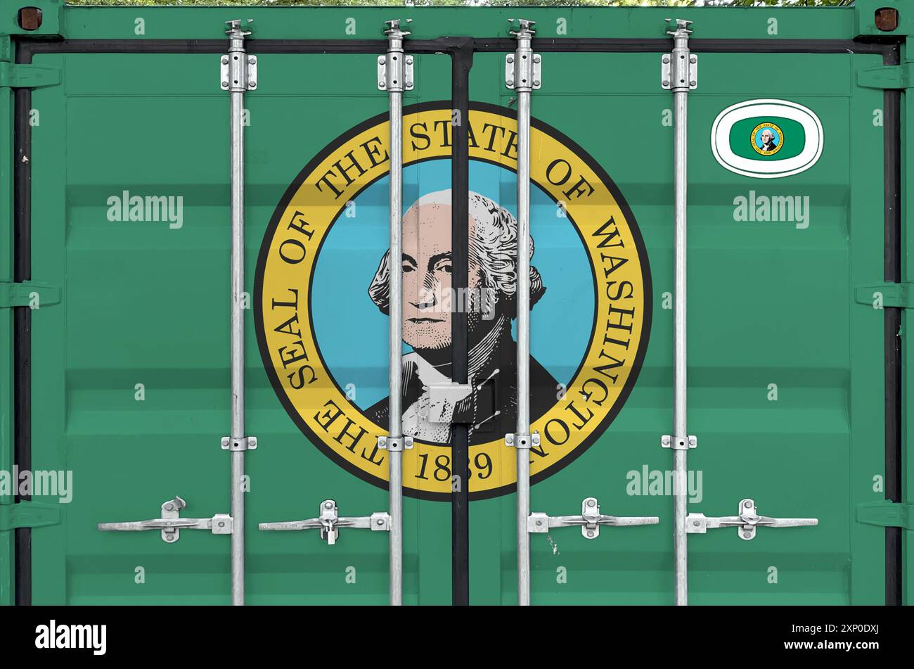 Washington US state flag depicted on metal doors of shipping cargo ...