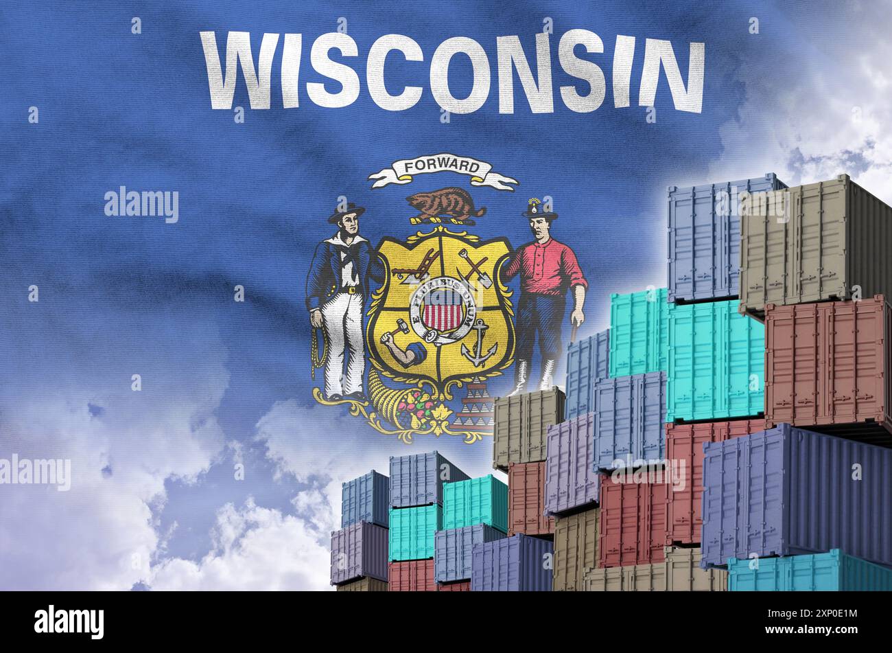 Wisconsin US state flag and big stack of shipping cargo containers in ...