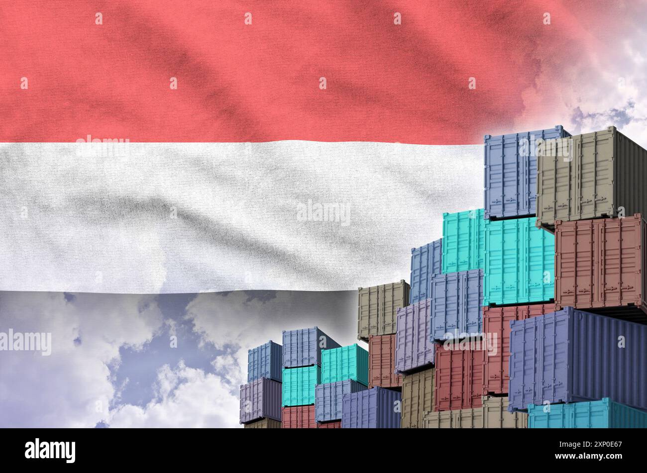 Yemen flag and big stack of shipping cargo containers in docks with sky ...