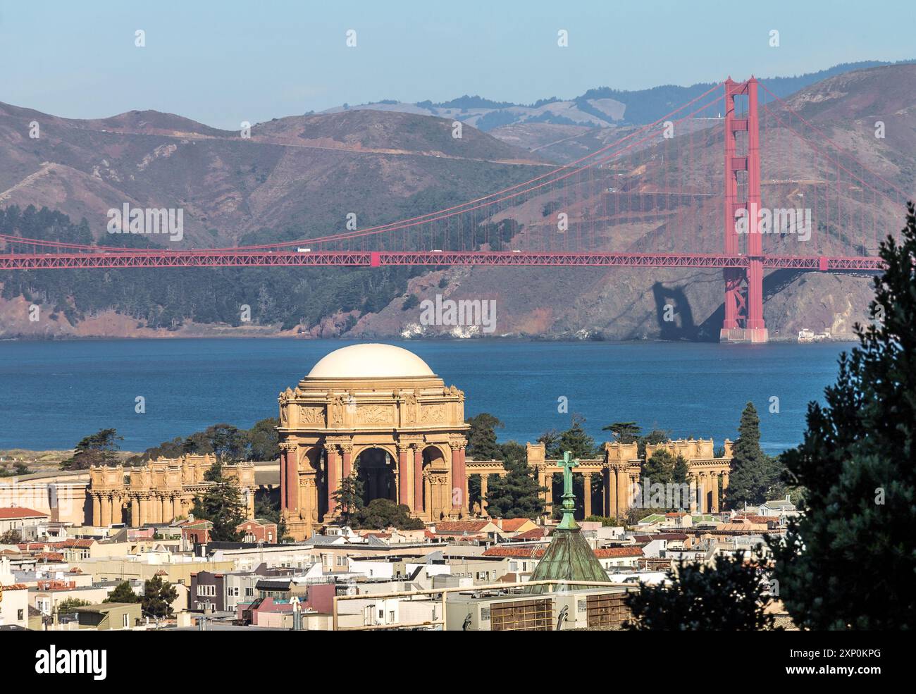 Palace of Fine Arts and Iconic famous Golden Gate bridge over San ...