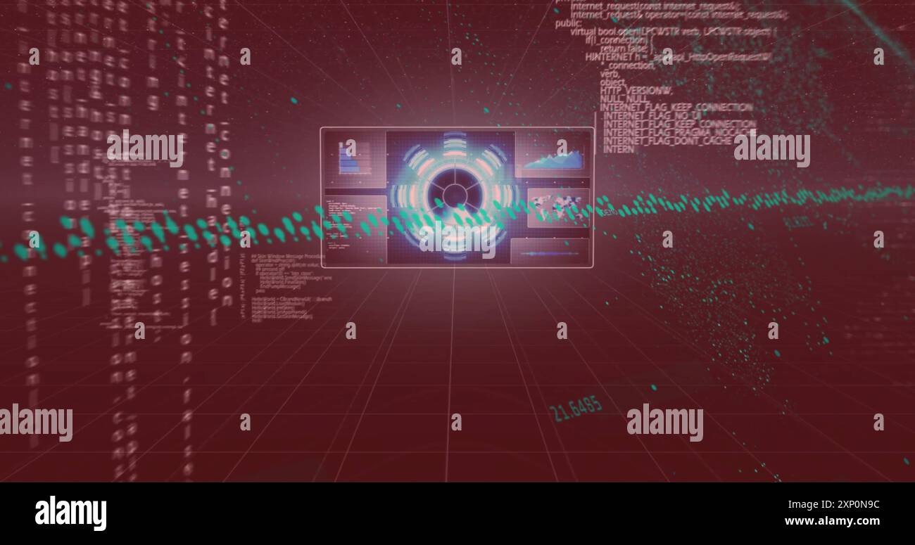 Futuristic data processing image with graphs and circular interface over red background ...
