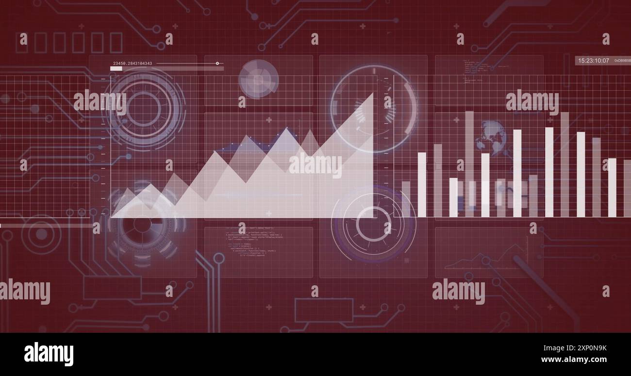 Graphs and charts image over red digital interface background Stock ...
