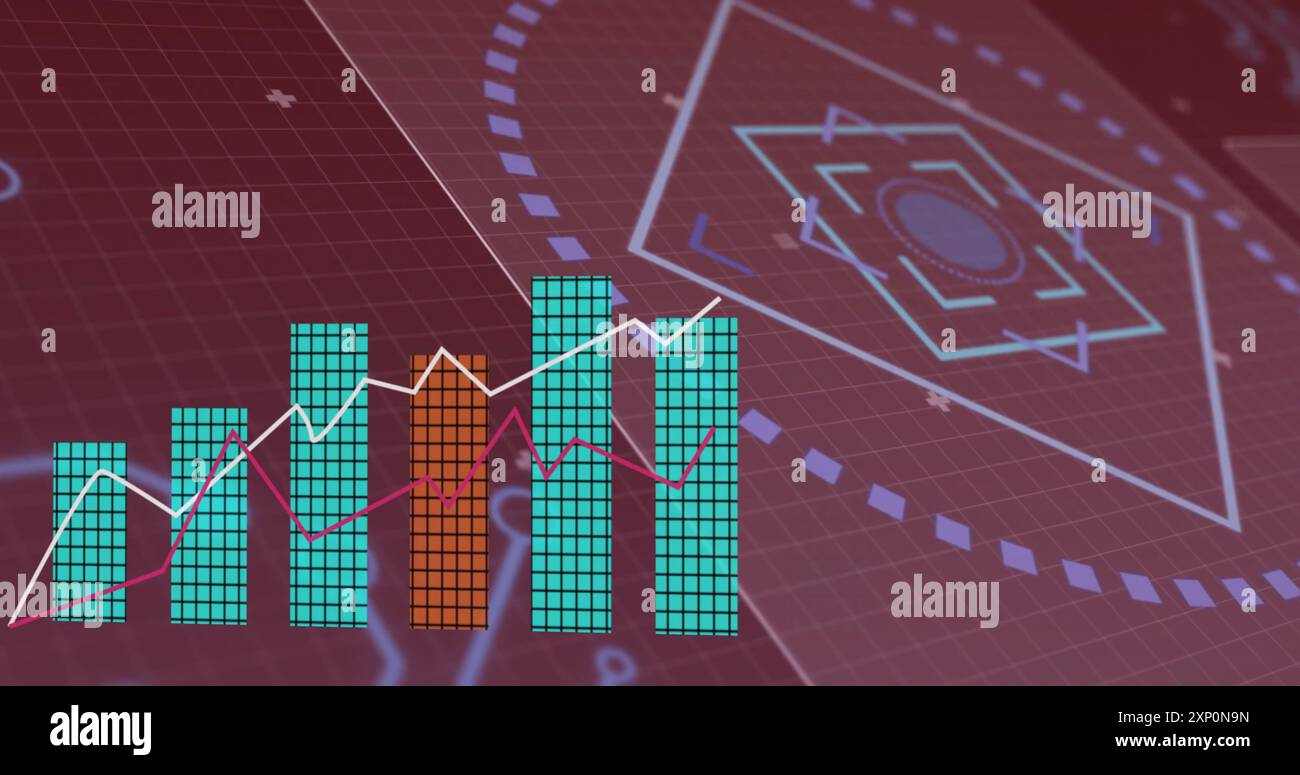 Bar and line graphs with data points over digital interface and ...