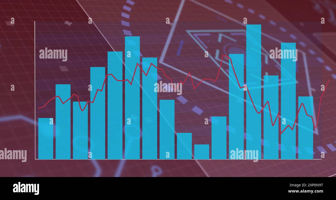 Bar and line graphs over digital image of financial data and charts ...