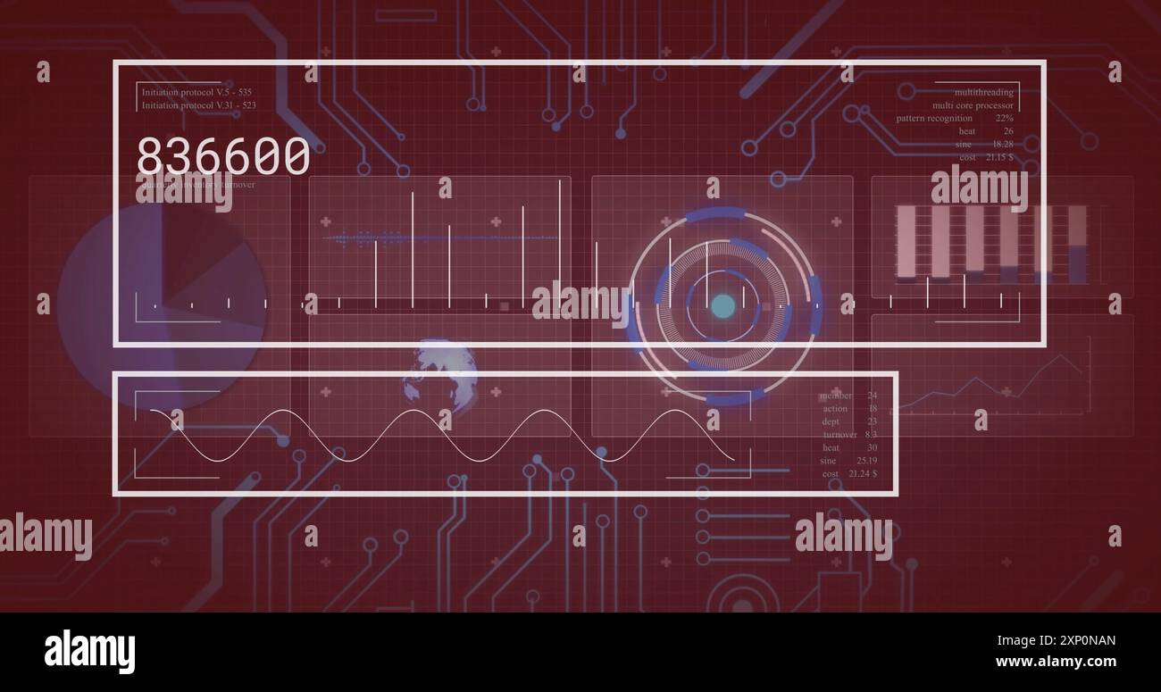 Digital data processing image over red circuit board background Stock Photo - Alamy