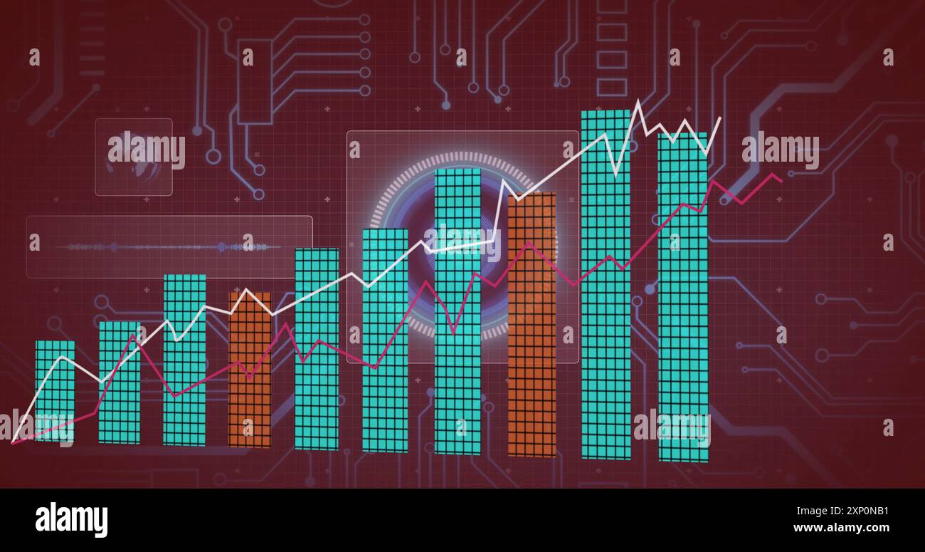 Bar and line graphs over digital circuit board and abstract circular ...