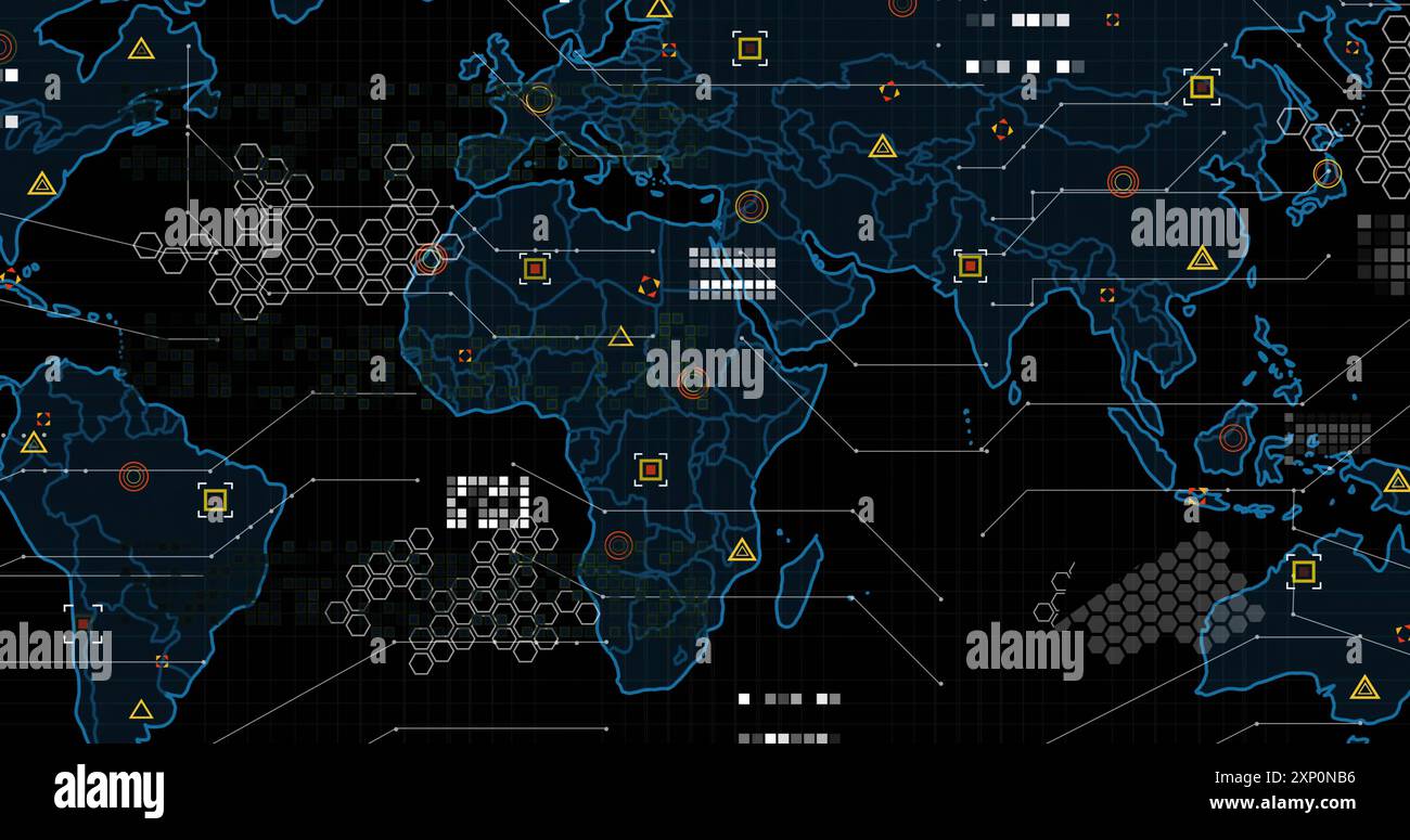 Image of data processing and world map over dark background Stock Photo ...