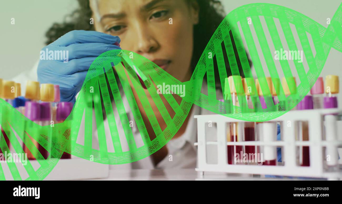 Examining test tube, scientist with DNA strand image over laboratory ...