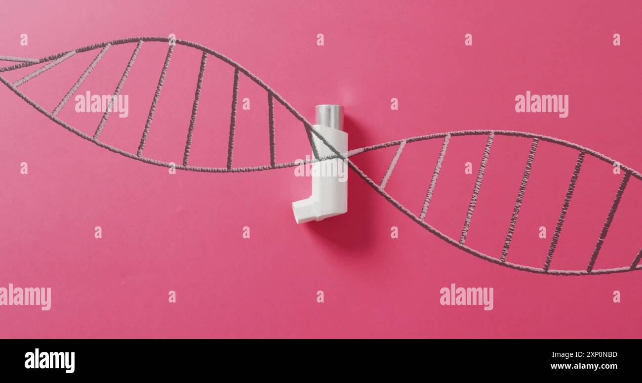 Inhaler placed within DNA strand image on pink background Stock Photo ...