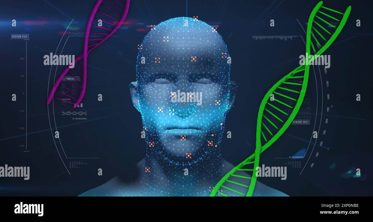 Human head with digital dots and DNA strands, genetic data image Stock ...