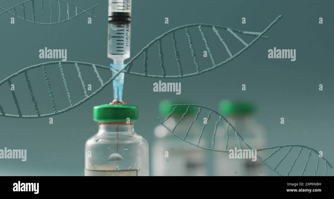 Syringe drawing liquid from vial with DNA strands image over medical ...