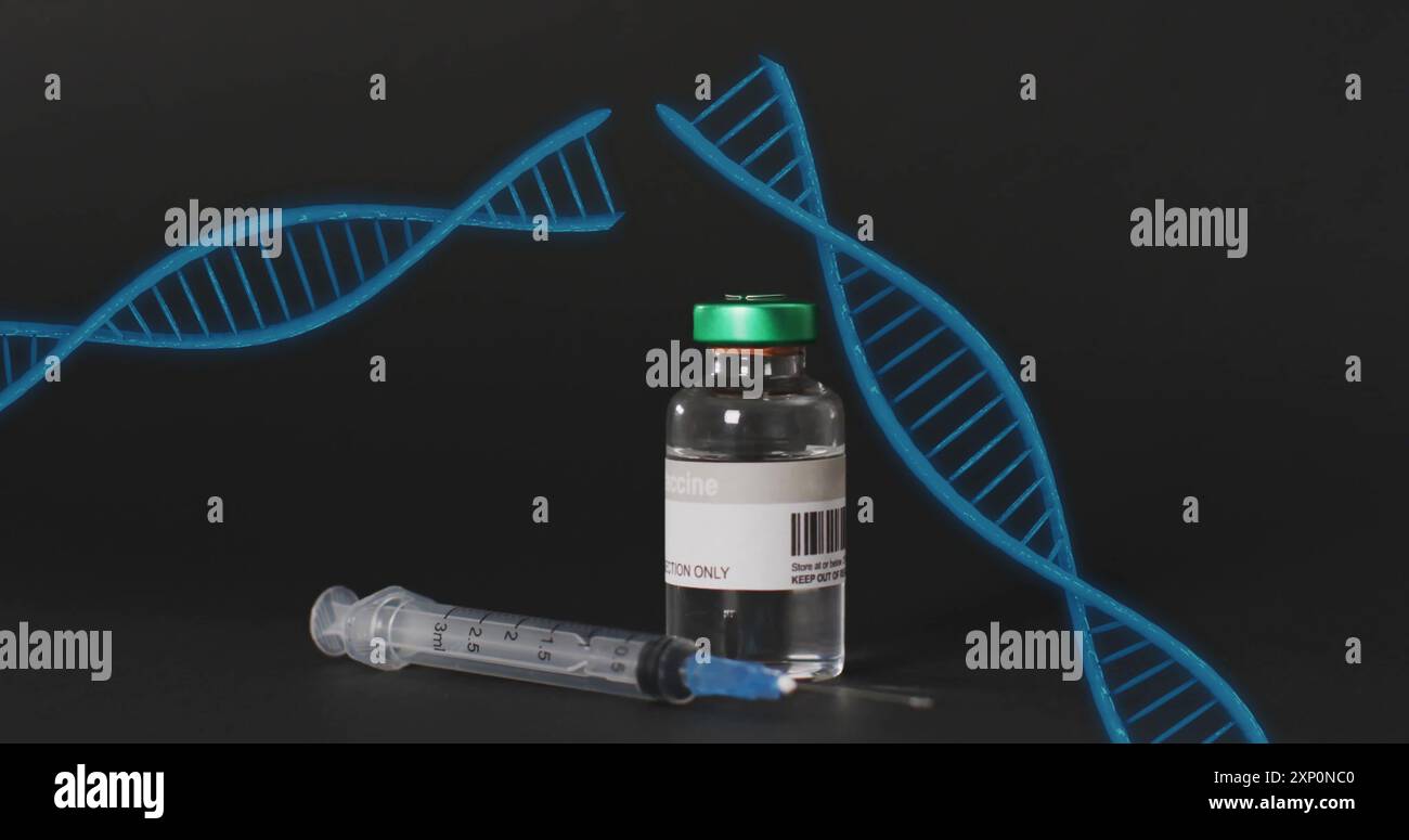 DNA strands and vaccine vial with syringe, medical research image Stock ...