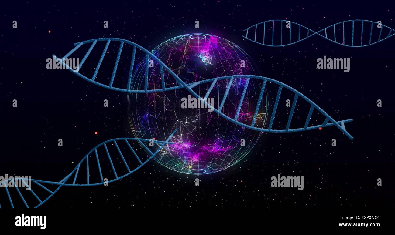 DNA strands and digital globe, scientific data processing image Stock ...