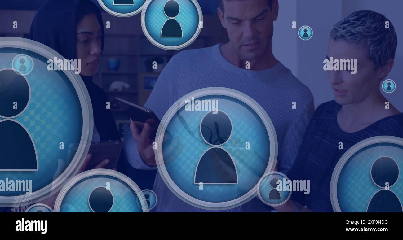 Image of people icons over diverse colleagues with tablets talking at ...