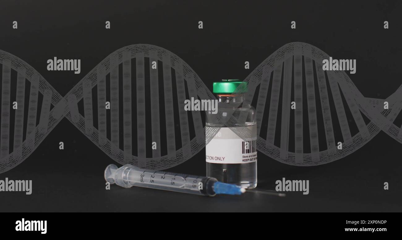 DNA strand image over syringe and vial on black background Stock Photo ...