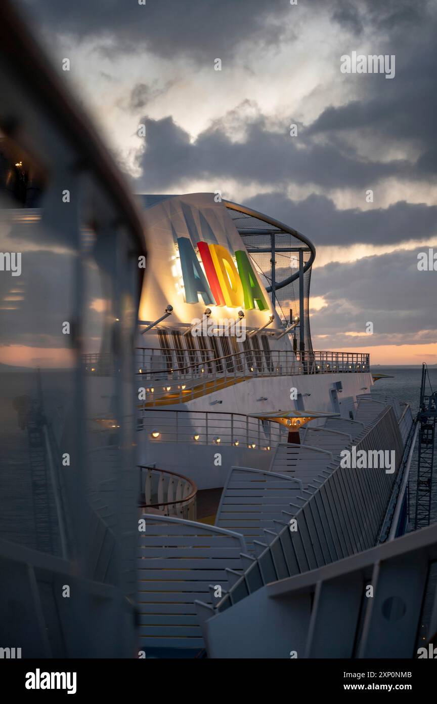 Illuminated AIDA Logo attached to AIDA Bella ship with fence and boat ...