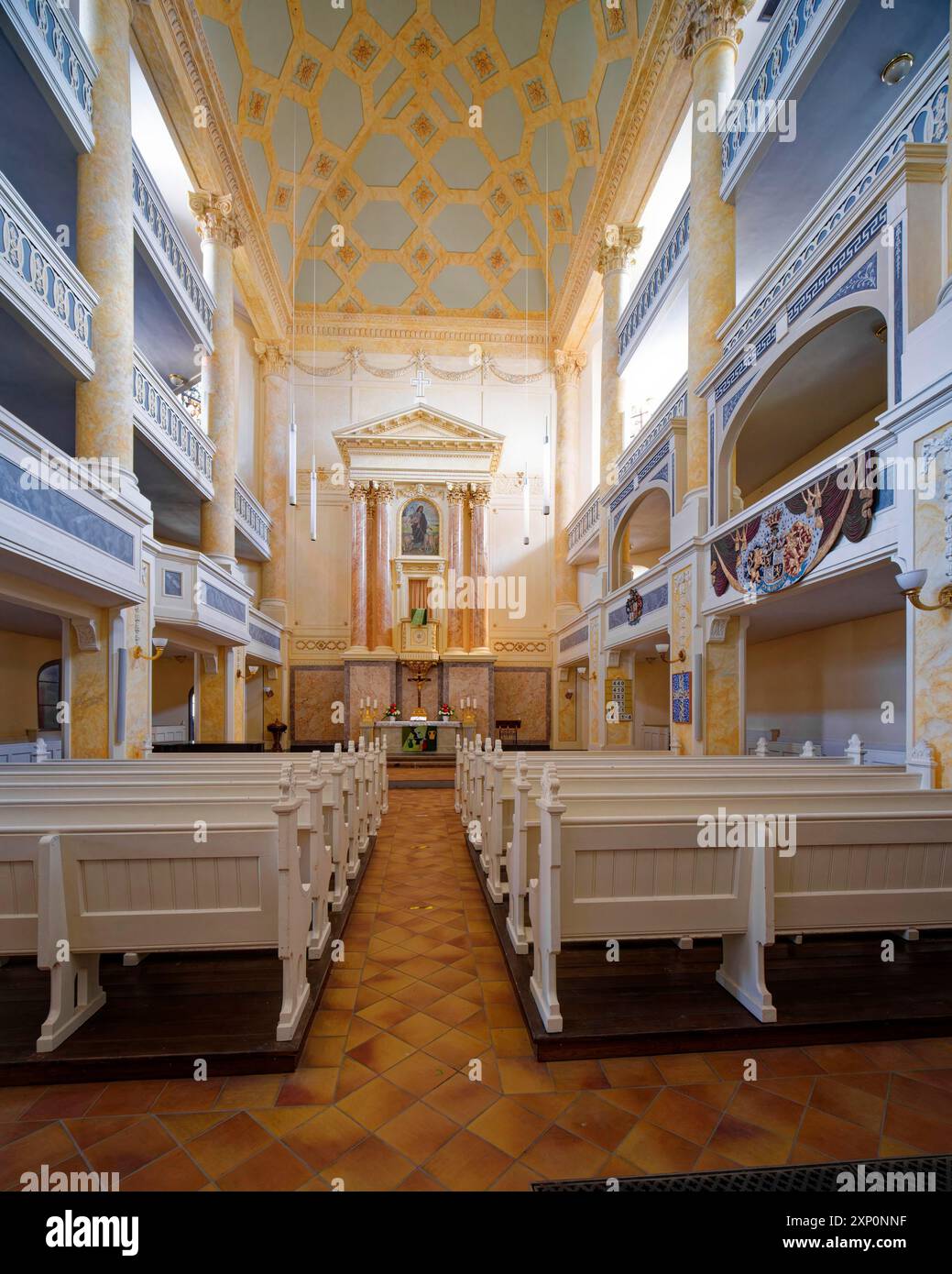 Protestant town church of St Mary with galleries and altar, interior ...