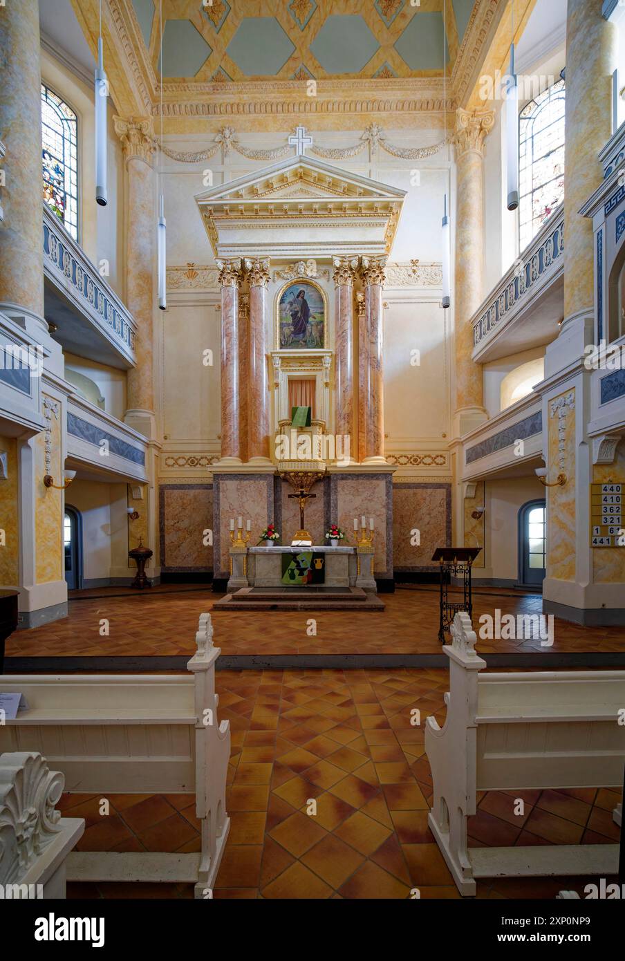 Protestant town church of St Mary with galleries and altar, interior ...