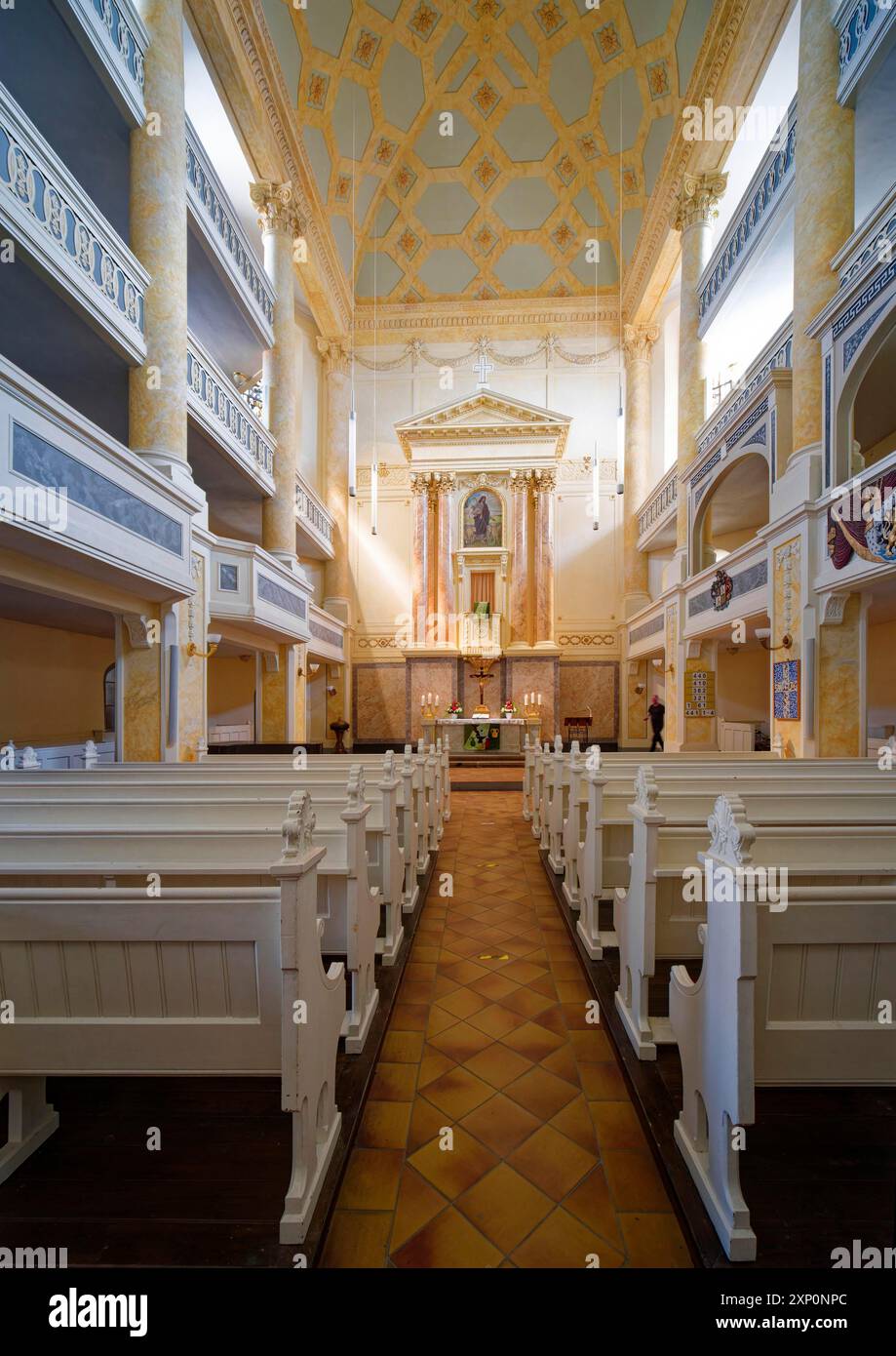 Protestant town church of St Mary with galleries and altar, interior ...