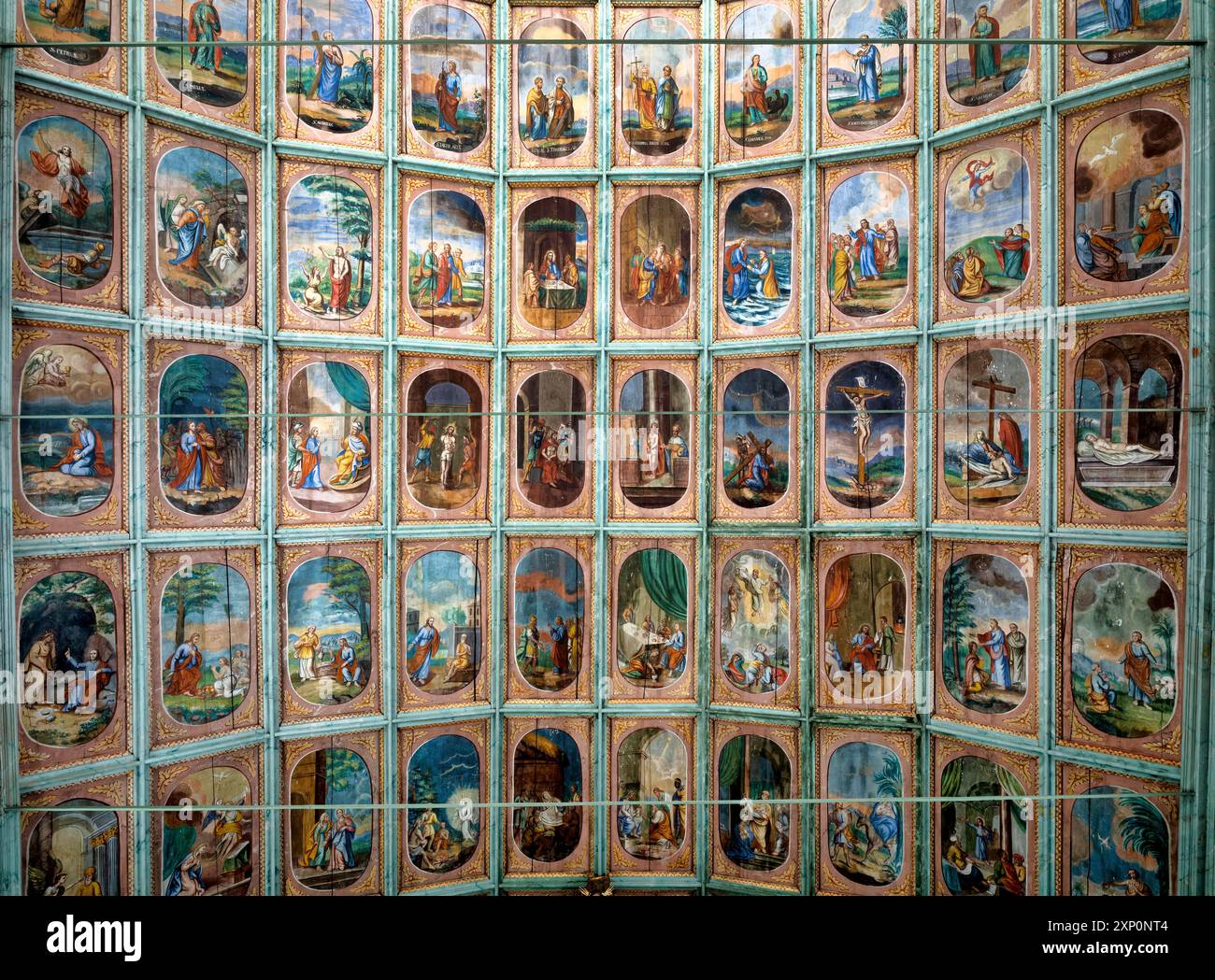 Church ceiling, wooden ceiling with New Testament scenes, apostles and ...