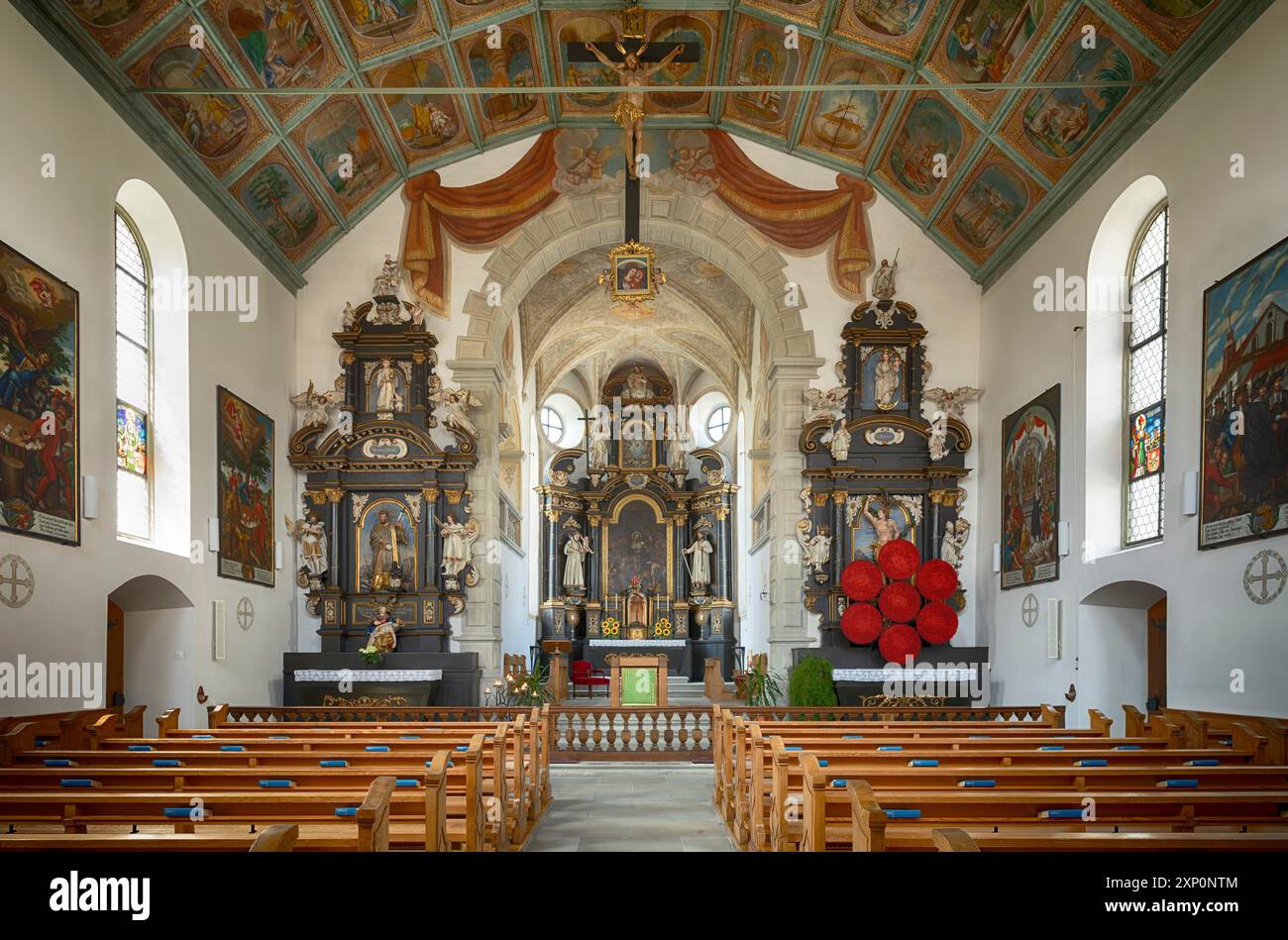Interior view, chancel, choir, wooden ceiling with New Testament scenes ...