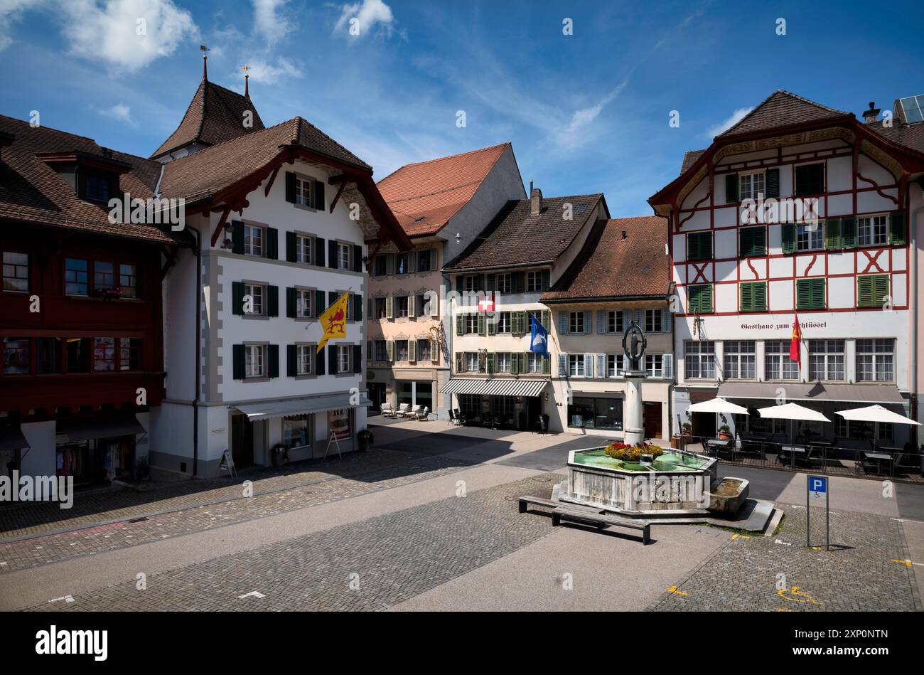Upper fountain, church patron saint St Peter, Gasthaus zum Schluessel, church square near ...