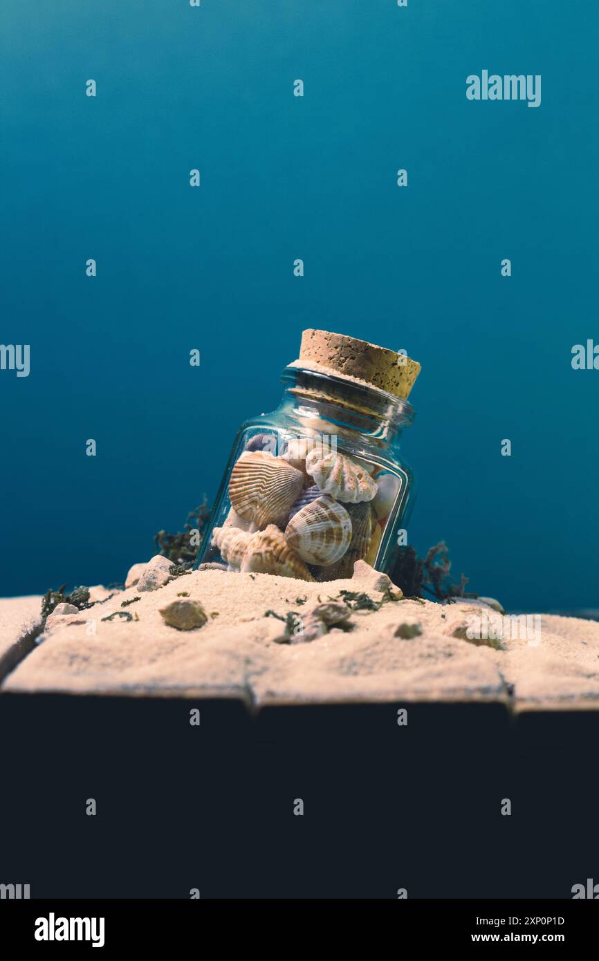 Close up macro photograph of a collection of seashells in a small glass ...