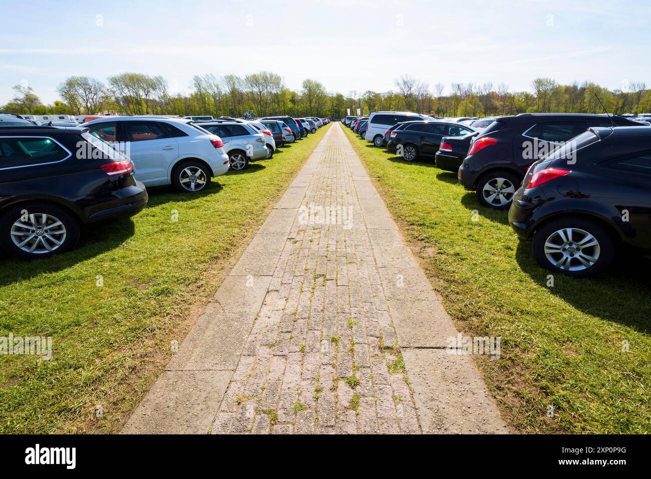 A wide paved walkway stretches between rows of parked cars in an outdoor lot with green grass ...