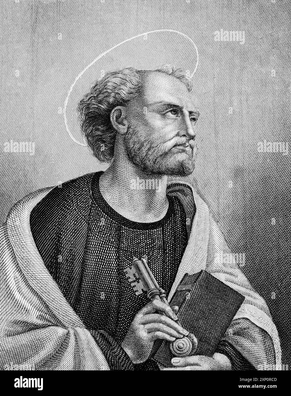 Portrait of St Peter, looking towards heaven, halo, Christian symbol ...