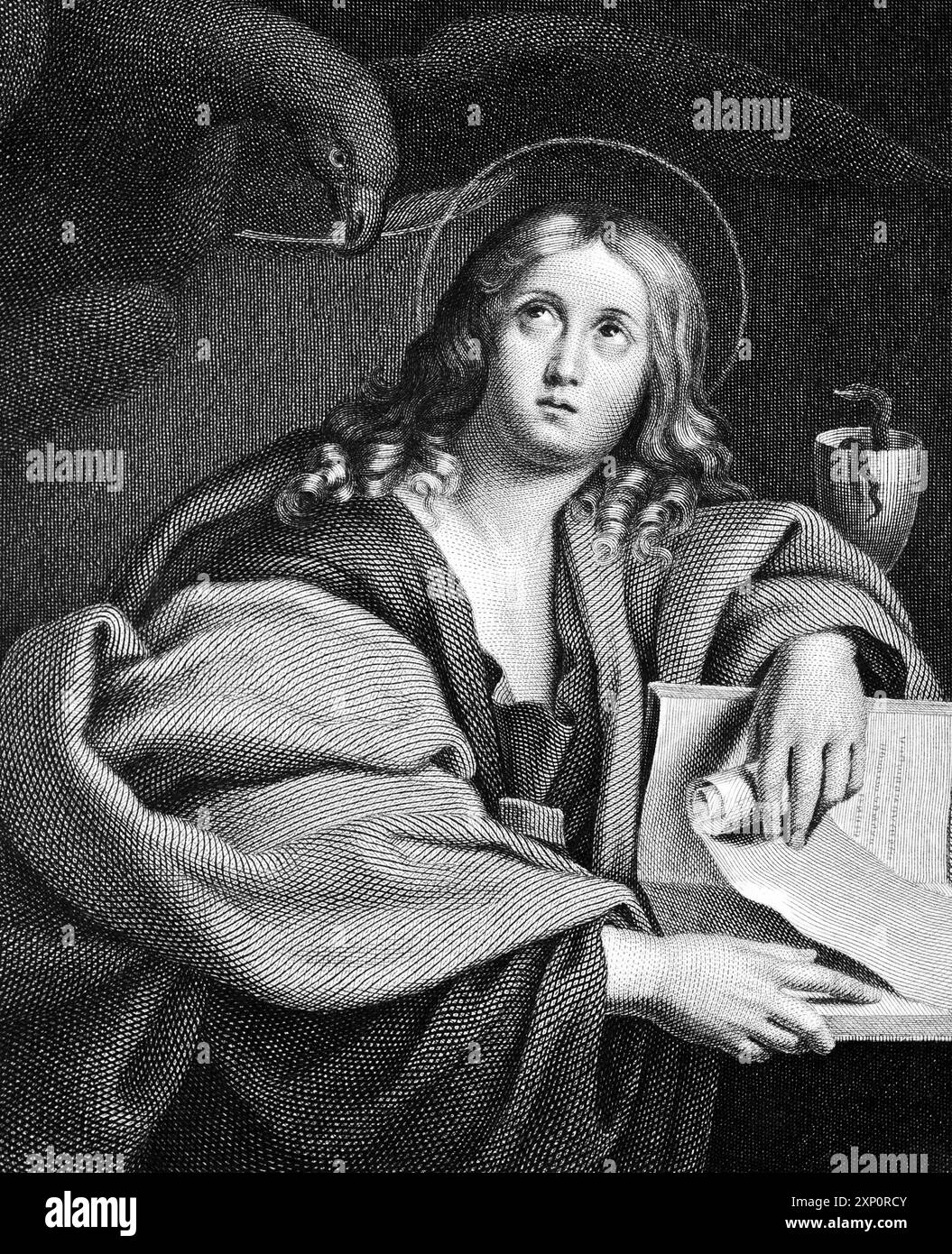 Portrait of St John the Evangelist, eagle, halo, papyrus scroll ...