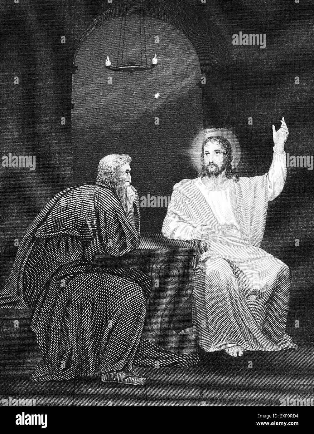 Jesus with the Pharisee Nicodemus, conversation by night, table, oil ...