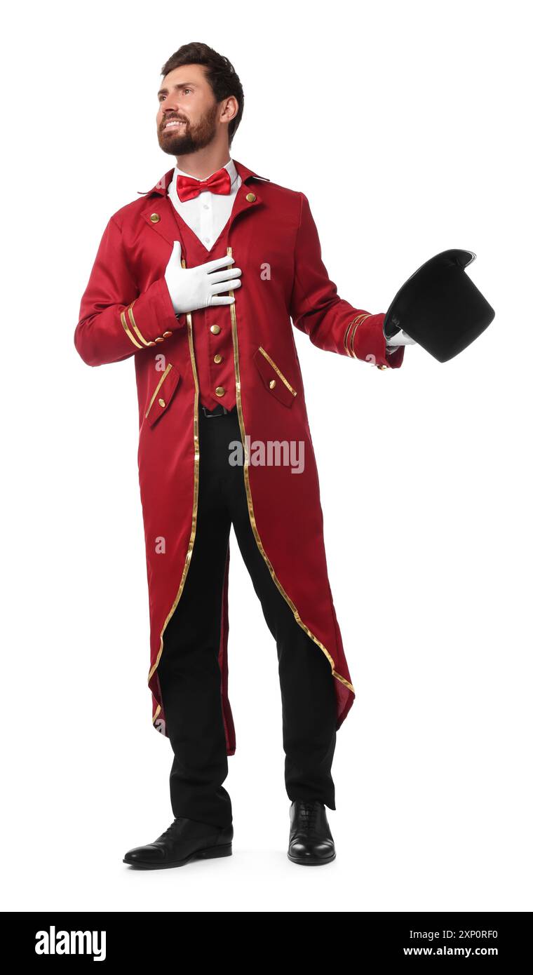 Portrait of showman in red costume and hat on white background Stock ...