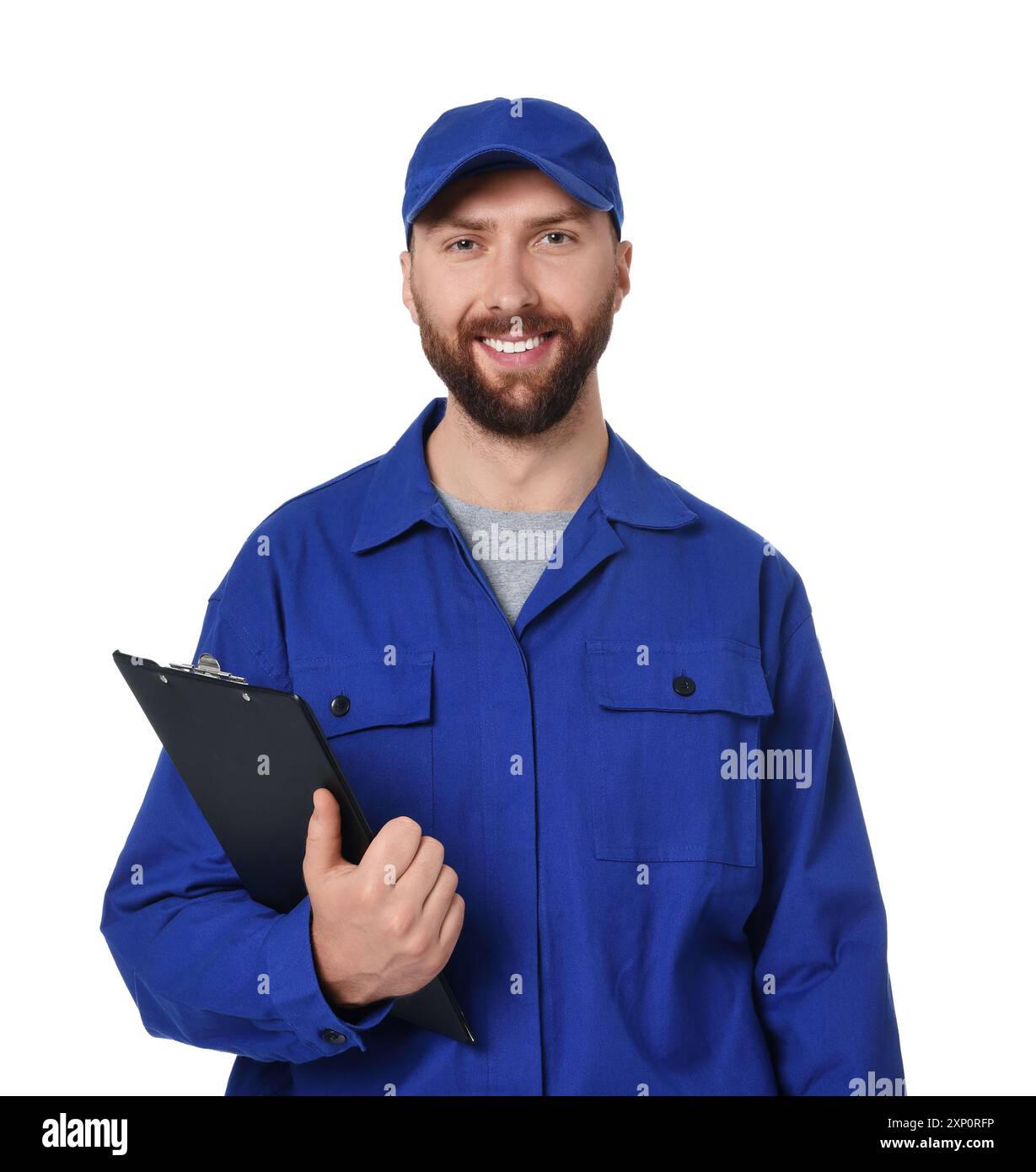 Professional auto mechanic with clipboard on white background Stock ...