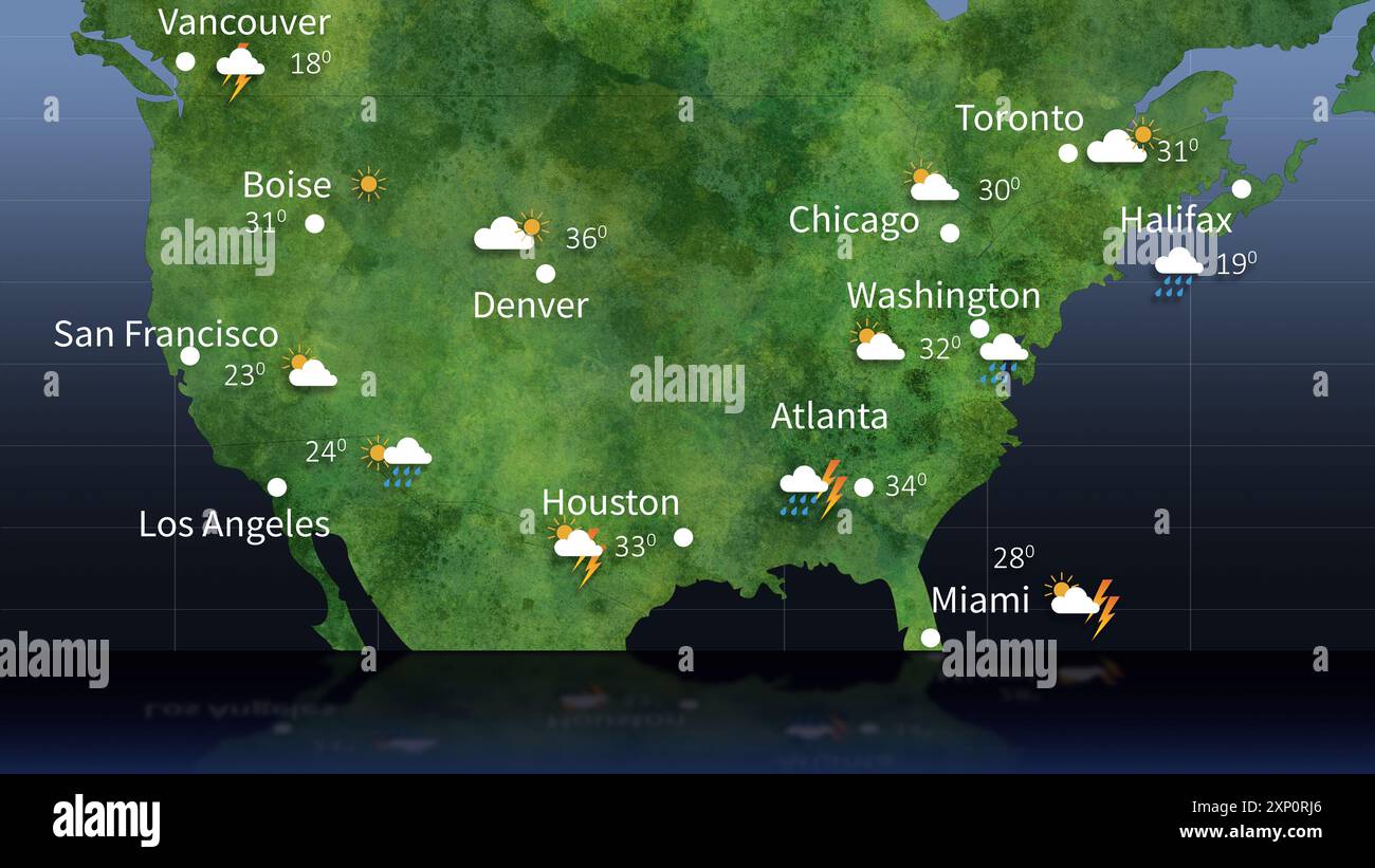 Weather forecast shown on map of USA. illustration with city names ...