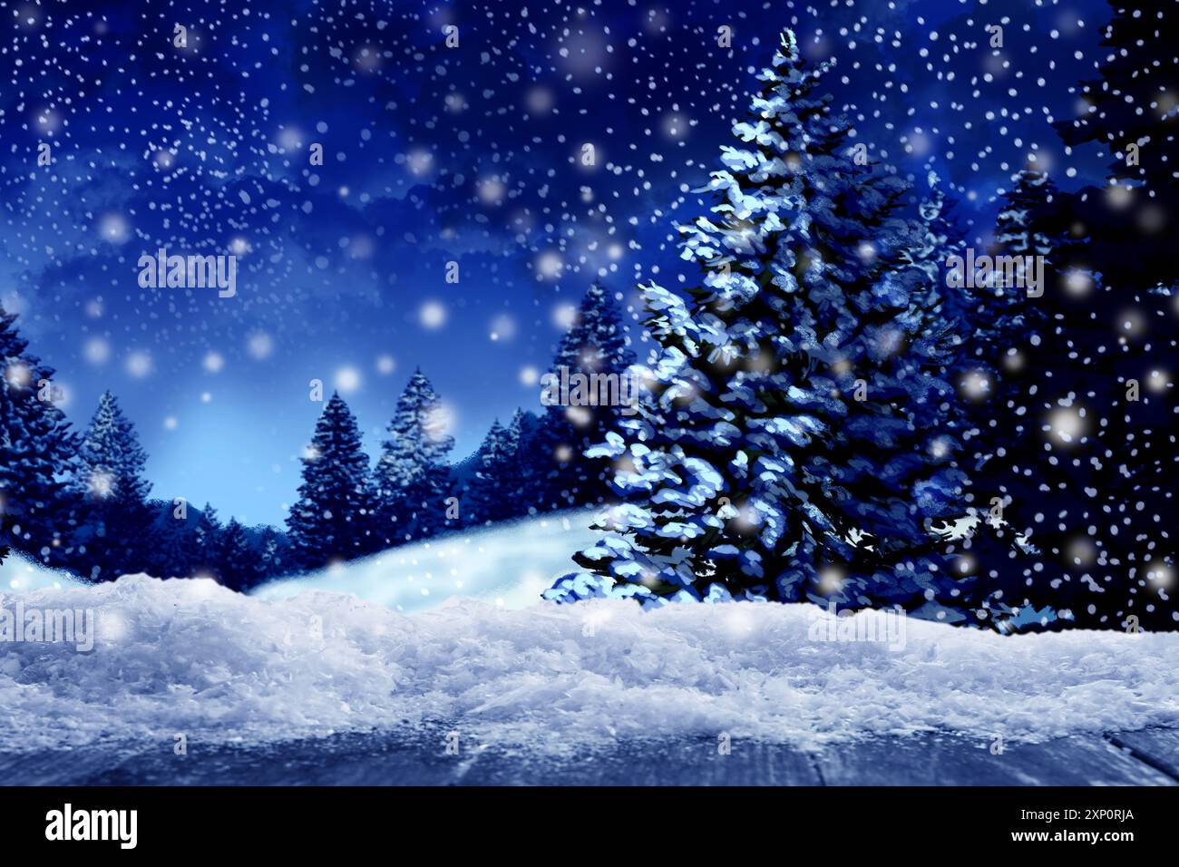 Wooden table with snow in forest, space for text Stock Photo - Alamy