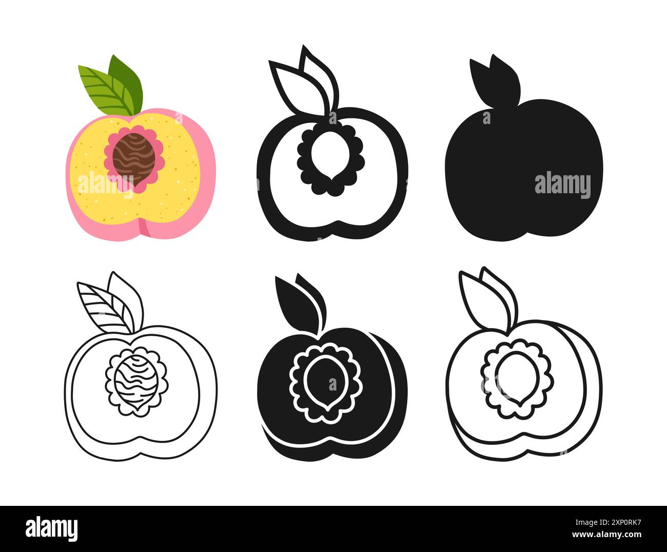 Peach symbol cartoon set. Half a peach linear doodle icon. Abstract ...